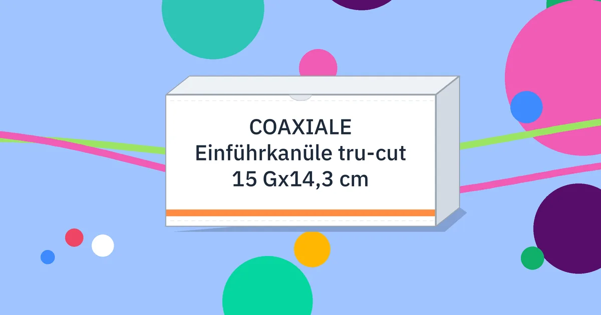 Symbolbild: Packung mit der Aufschrift COAXIALE Einführkanüle tru-cut 15 Gx14,3 cm (PZN 16087635) – Verfügbarkeit und Bezug in Apotheken in Frankfurt am Main