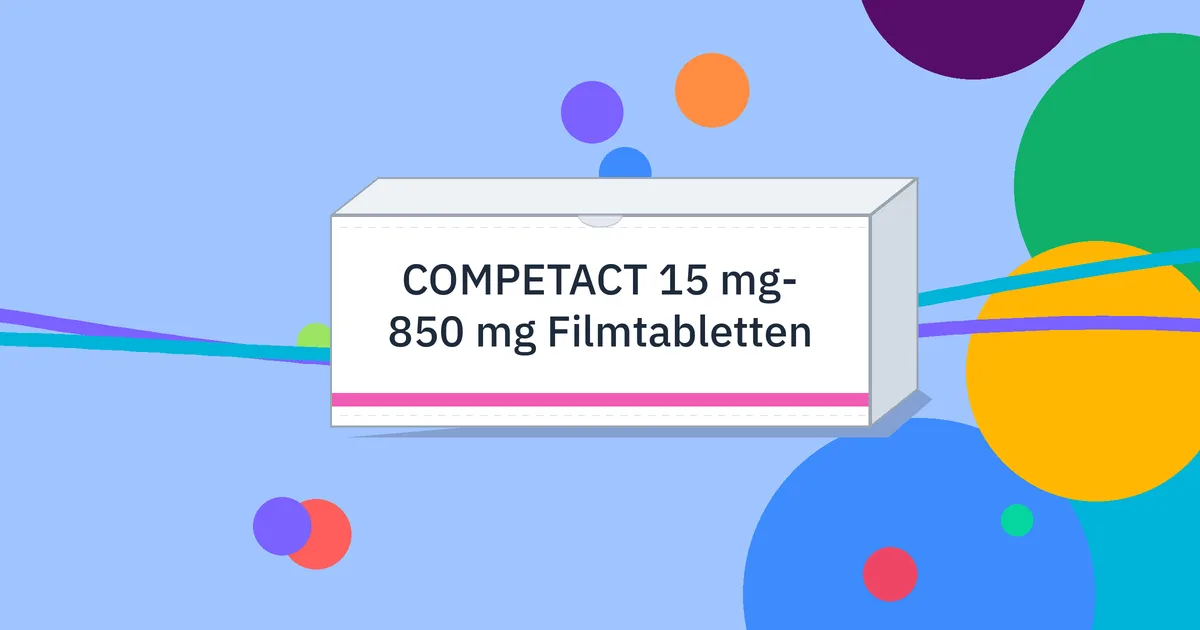 Symbolbild: Packung mit der Aufschrift COMPETACT 15 mg-850 mg Filmtabletten (PZN 10708295) – Verfügbarkeit und Bezug in Apotheken in Frankfurt am Main