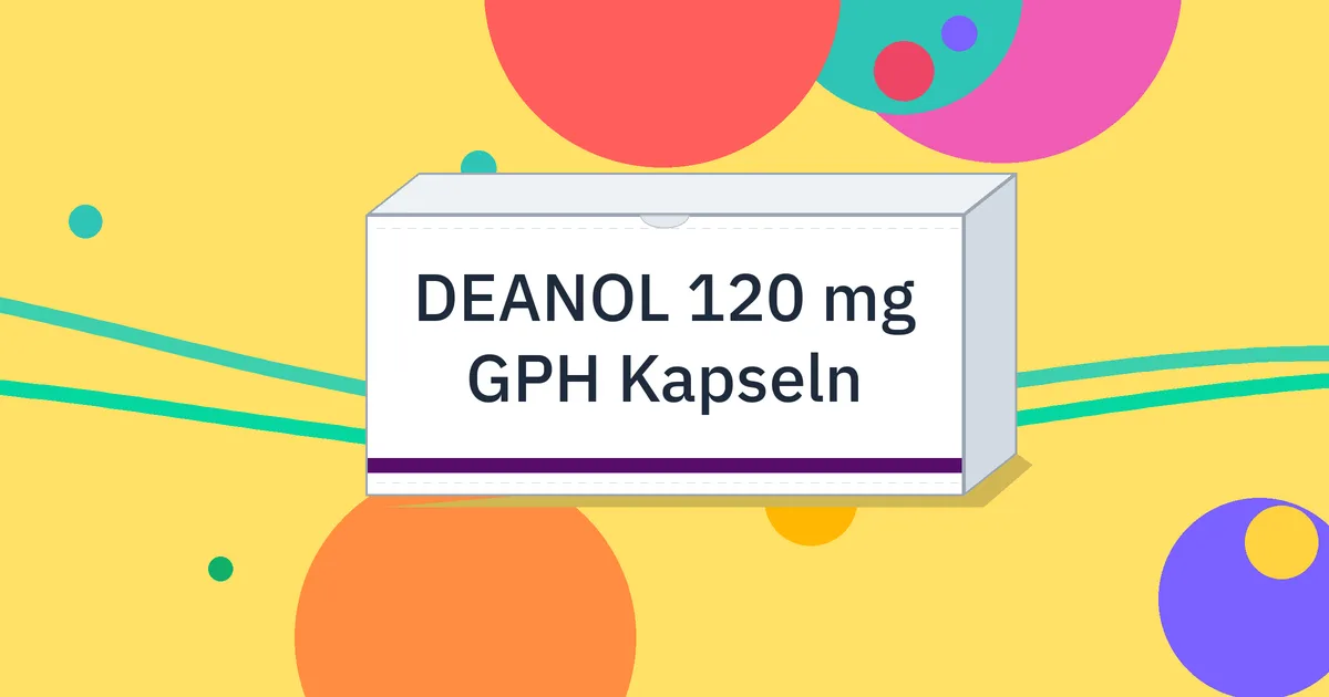 Symbolbild: Packung mit der Aufschrift DEANOL 120 mg GPH Kapseln (PZN 10977380) – Verfügbarkeit und Bezug in Apotheken in Frankfurt am Main