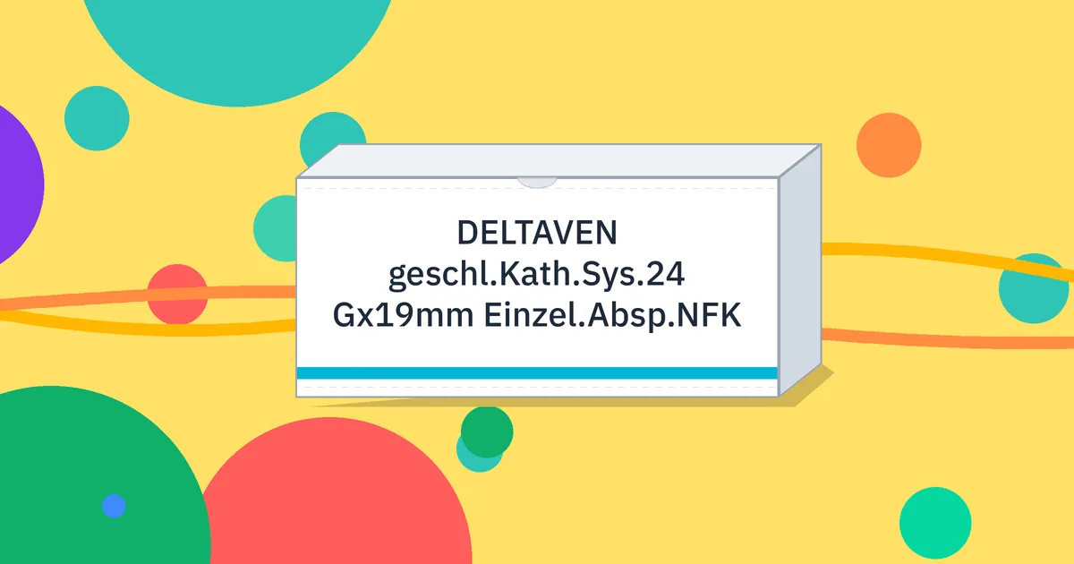 Symbolbild: Packung mit der Aufschrift DELTAVEN geschl.Kath.Sys.24 Gx19mm Einzel.Absp.NFK (PZN 13977831) – Verfügbarkeit und Bezug in Apotheken in Frankfurt am Main