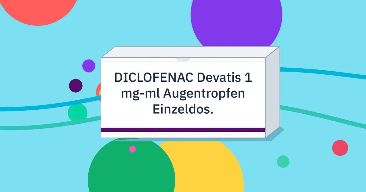 Symbolbild: Packung mit der Aufschrift DICLOFENAC Devatis 1 mg-ml Augentropfen Einzeldos. (PZN 14251378) – Verfügbarkeit und Bezug in Apotheken in Frankfurt am Main