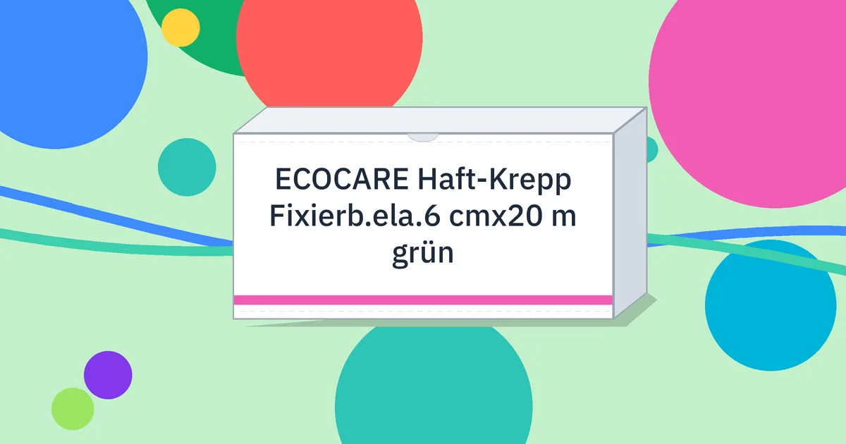 Symbolbild: Packung mit der Aufschrift ECOCARE Haft-Krepp Fixierb.ela.6 cmx20 m grün (PZN 11518898) – Verfügbarkeit und Bezug in Apotheken in Frankfurt am Main