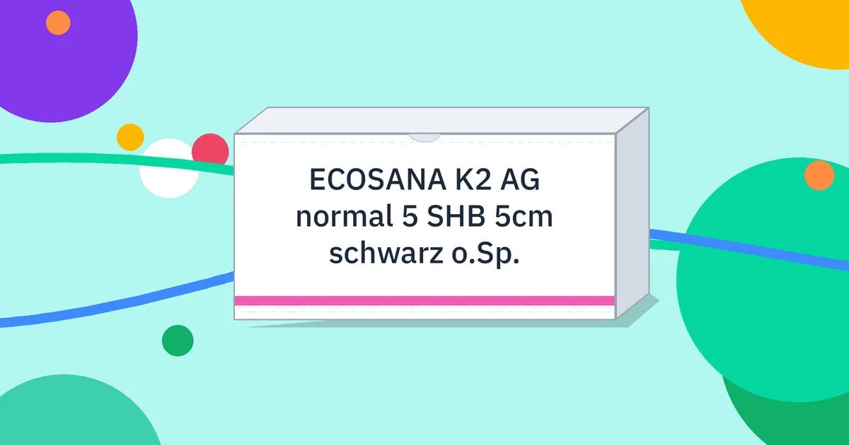 Symbolbild: Packung mit der Aufschrift ECOSANA K2 AG normal 5 SHB 5cm schwarz o.Sp. (PZN 01457463) – Verfügbarkeit und Bezug in Apotheken in Frankfurt am Main