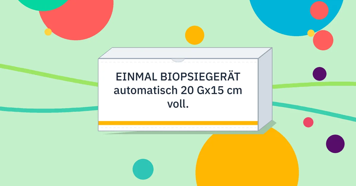 Symbolbild: Packung mit der Aufschrift EINMAL BIOPSIEGERÄT automatisch 20 Gx15 cm voll. (PZN 14384470) – Verfügbarkeit und Bezug in Apotheken in Frankfurt am Main