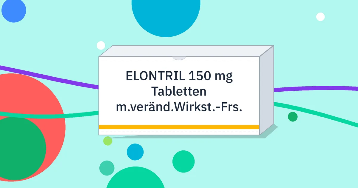 Symbolbild: Packung mit der Aufschrift ELONTRIL 150 mg Tabletten m.veränd.Wirkst.-Frs. (PZN 02084828) – Verfügbarkeit und Bezug in Apotheken in Frankfurt am Main