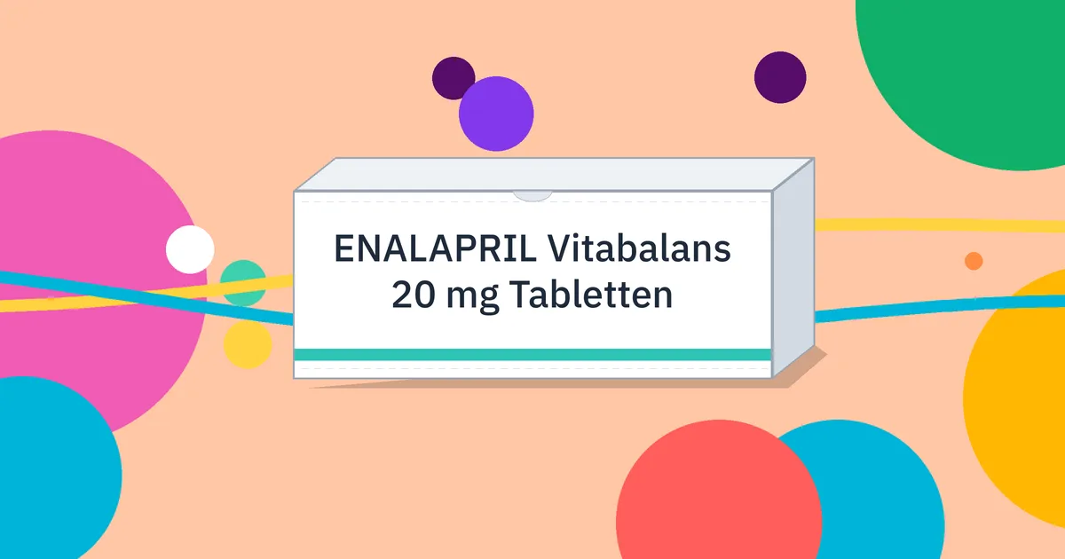 Symbolbild: Packung mit der Aufschrift ENALAPRIL Vitabalans 20 mg Tabletten (PZN 03031538) – Verfügbarkeit und Bezug in Apotheken in Frankfurt am Main