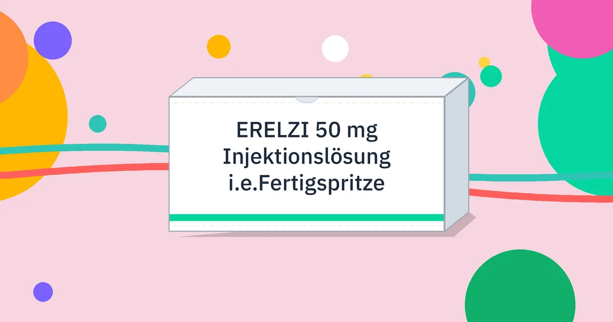 Symbolbild: Packung mit der Aufschrift ERELZI 50 mg Injektionslösung i.e.Fertigspritze (PZN 14212272) – Verfügbarkeit und Bezug in Apotheken in Frankfurt am Main