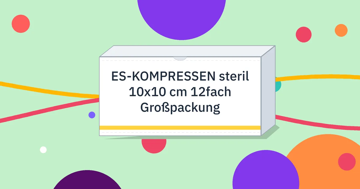 Symbolbild: Packung mit der Aufschrift ES-KOMPRESSEN steril 10x10 cm 12fach Großpackung (PZN 18736730) – Verfügbarkeit und Bezug in Apotheken in Frankfurt am Main