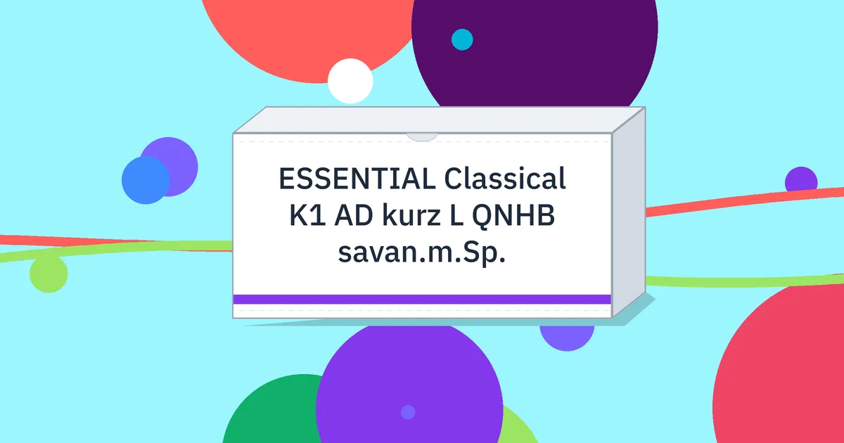 Symbolbild: Packung mit der Aufschrift ESSENTIAL Classical K1 AD kurz L QNHB savan.m.Sp. (PZN 18867159) – Verfügbarkeit und Bezug in Apotheken in Frankfurt am Main