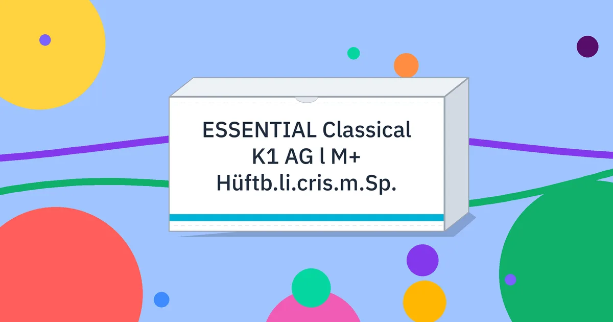 Symbolbild: Packung mit der Aufschrift ESSENTIAL Classical K1 AG l M+ Hüftb.li.cris.m.Sp. (PZN 17012208) – Verfügbarkeit und Bezug in Apotheken in Frankfurt am Main