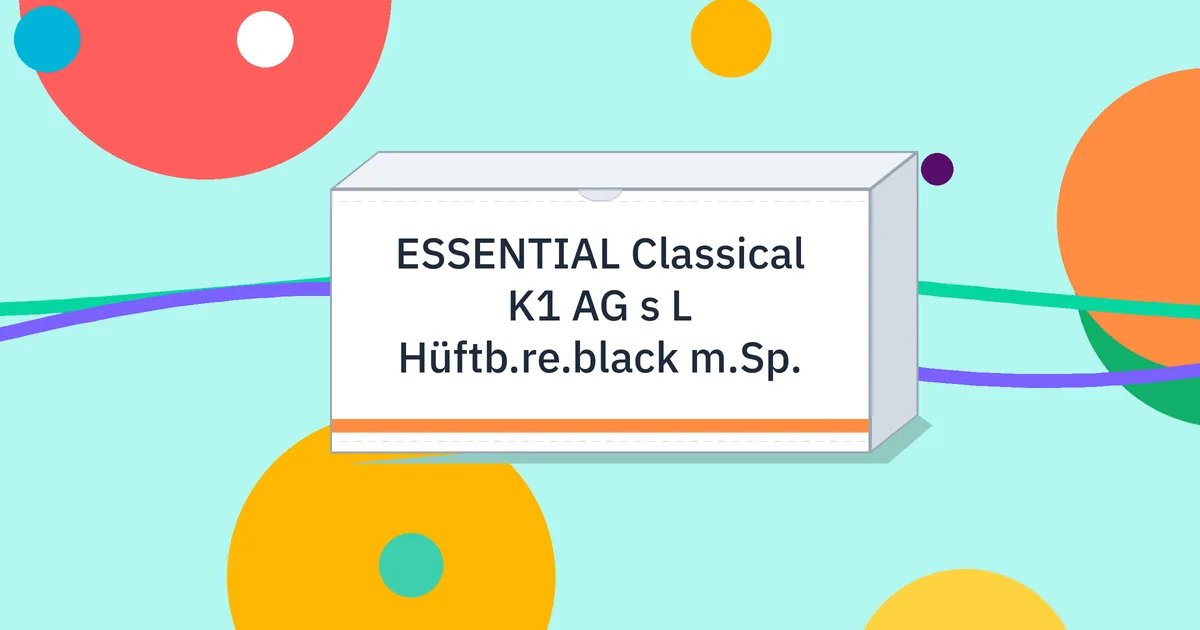 Symbolbild: Packung mit der Aufschrift ESSENTIAL Classical K1 AG s L Hüftb.re.black m.Sp. (PZN 17013627) – Verfügbarkeit und Bezug in Apotheken in Frankfurt am Main