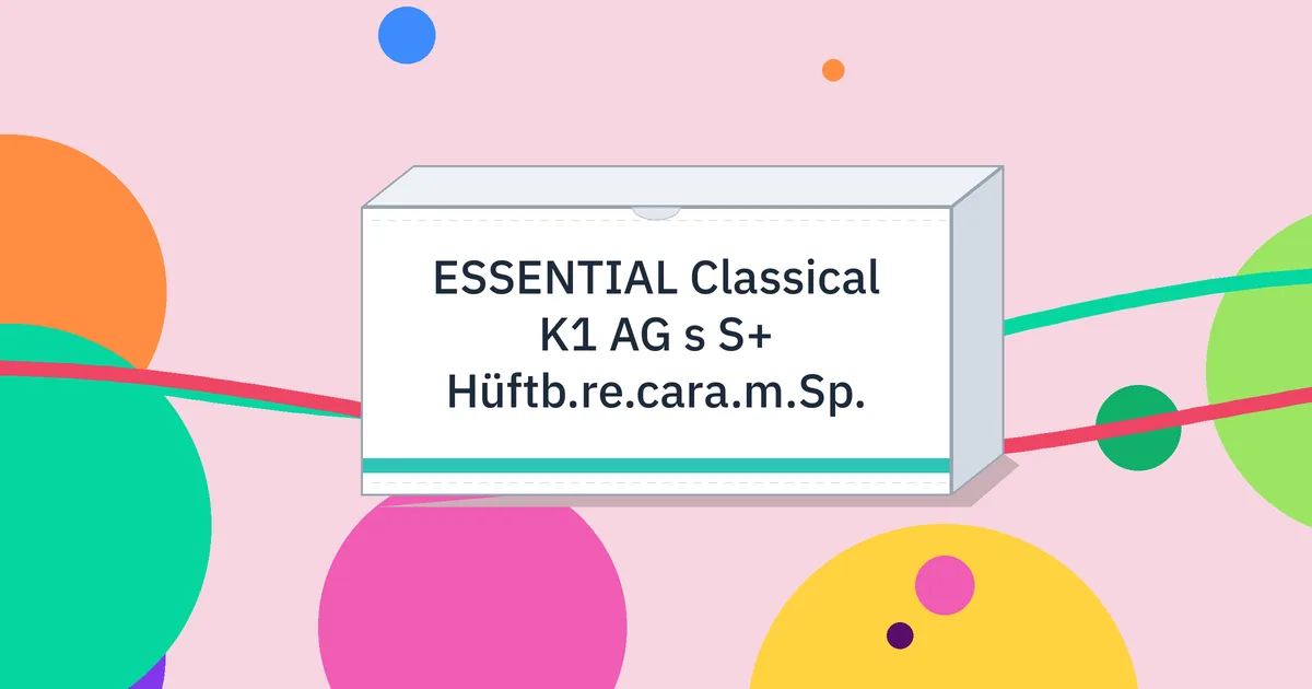 Symbolbild: Packung mit der Aufschrift ESSENTIAL Classical K1 AG s S+ Hüftb.re.cara.m.Sp. (PZN 17011864) – Verfügbarkeit und Bezug in Apotheken in Frankfurt am Main