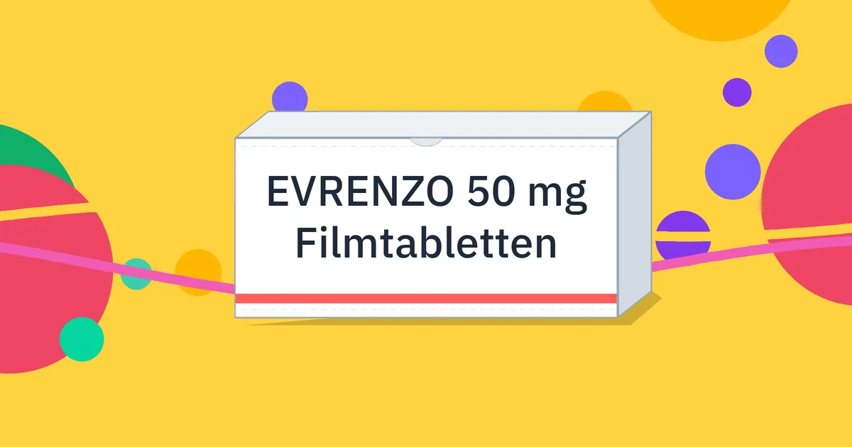 Symbolbild: Packung mit der Aufschrift EVRENZO 50 mg Filmtabletten (PZN 18775635) – Verfügbarkeit und Bezug in Apotheken in Frankfurt am Main