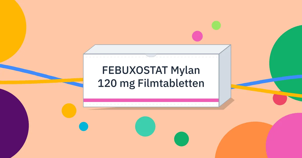 Symbolbild: Packung mit der Aufschrift FEBUXOSTAT Mylan 120 mg Filmtabletten (PZN 14328135) – Verfügbarkeit und Bezug in Apotheken in Frankfurt am Main