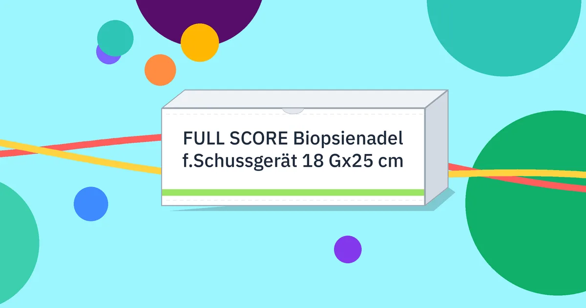 Symbolbild: Packung mit der Aufschrift FULL SCORE Biopsienadel f.Schussgerät 18 Gx25 cm (PZN 14384613) – Verfügbarkeit und Bezug in Apotheken in Frankfurt am Main
