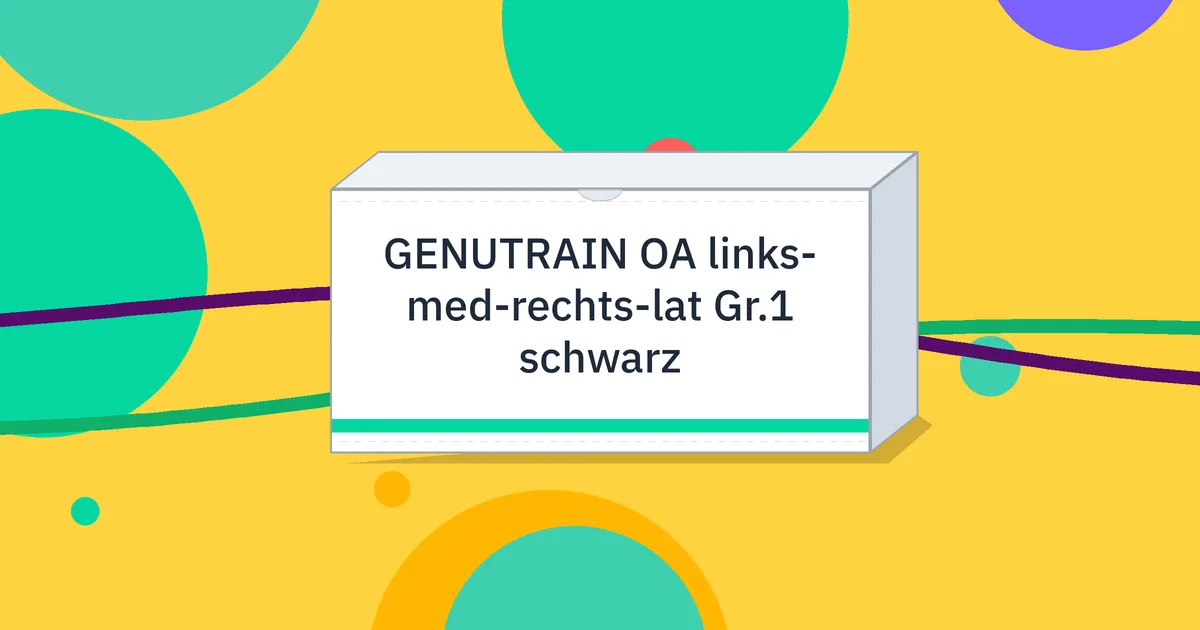 Symbolbild: Packung mit der Aufschrift GENUTRAIN OA links-med-rechts-lat Gr.1 schwarz (PZN 16144066) – Verfügbarkeit und Bezug in Apotheken in Frankfurt am Main