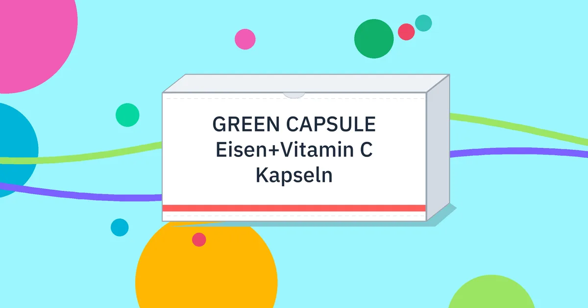 Symbolbild: Packung mit der Aufschrift GREEN CAPSULE Eisen+Vitamin C Kapseln (PZN 18294924) – Verfügbarkeit und Bezug in Apotheken in Frankfurt am Main