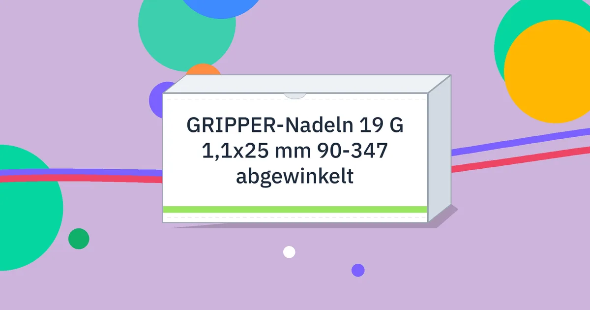 Symbolbild: Packung mit der Aufschrift GRIPPER-Nadeln 19 G 1,1x25 mm 90-347 abgewinkelt (PZN 14287034) – Verfügbarkeit und Bezug in Apotheken in Frankfurt am Main