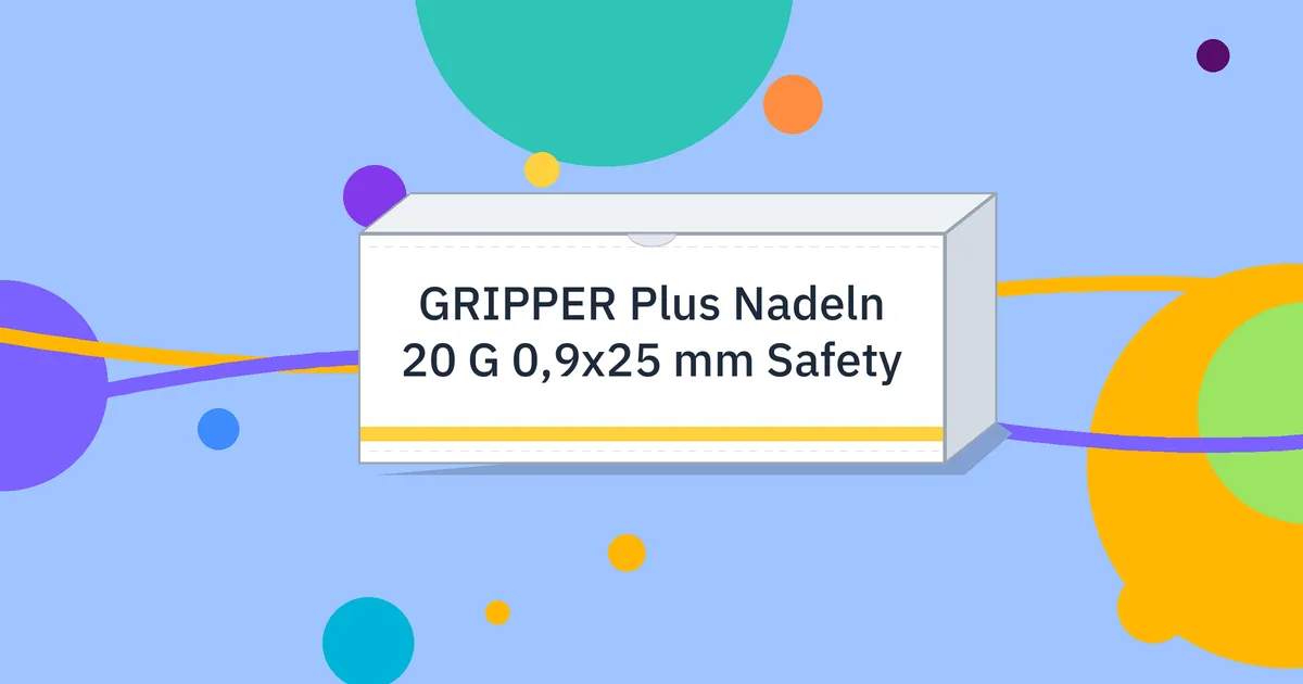 Symbolbild: Packung mit der Aufschrift GRIPPER Plus Nadeln 20 G 0,9x25 mm Safety (PZN 14287117) – Verfügbarkeit und Bezug in Apotheken in Frankfurt am Main