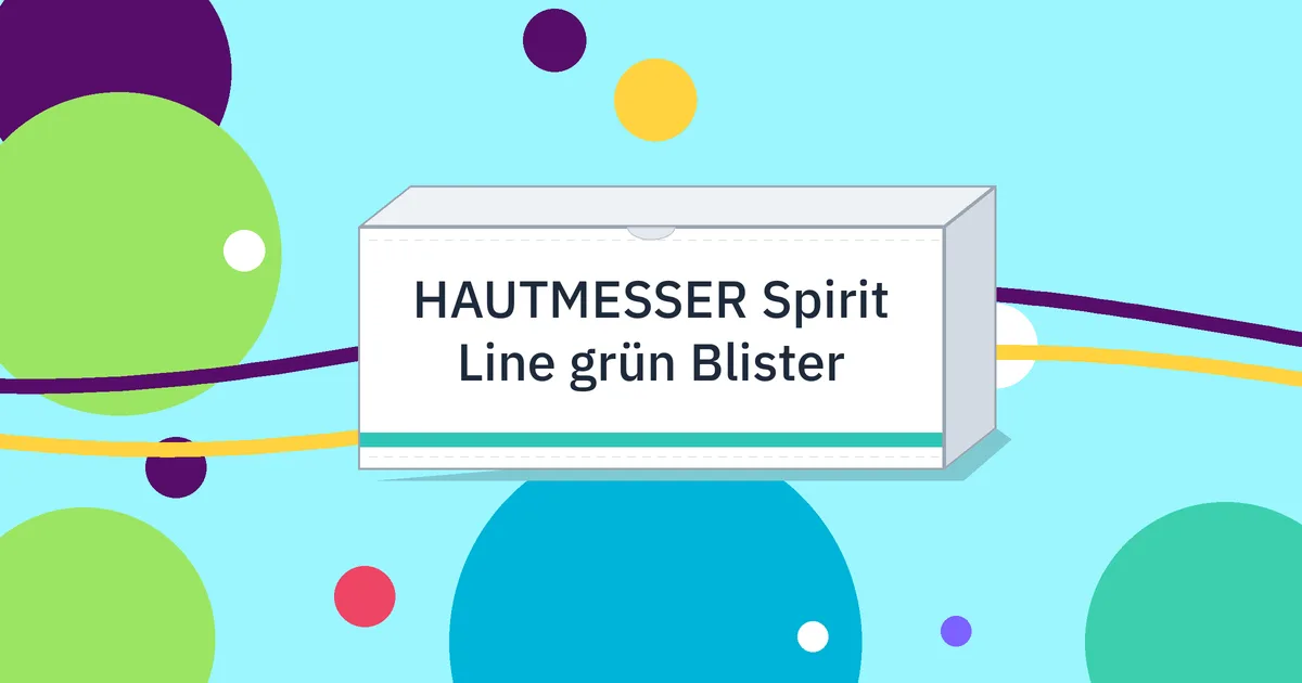 Symbolbild: Packung mit der Aufschrift HAUTMESSER Spirit Line grün Blister (PZN 01589621) – Verfügbarkeit und Bezug in Apotheken in Frankfurt am Main