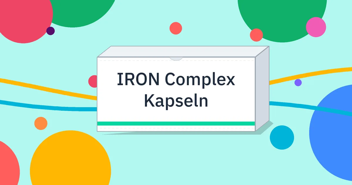 Symbolbild: Packung mit der Aufschrift IRON Complex Kapseln (PZN 20279702) – Verfügbarkeit und Bezug in Apotheken in Frankfurt am Main