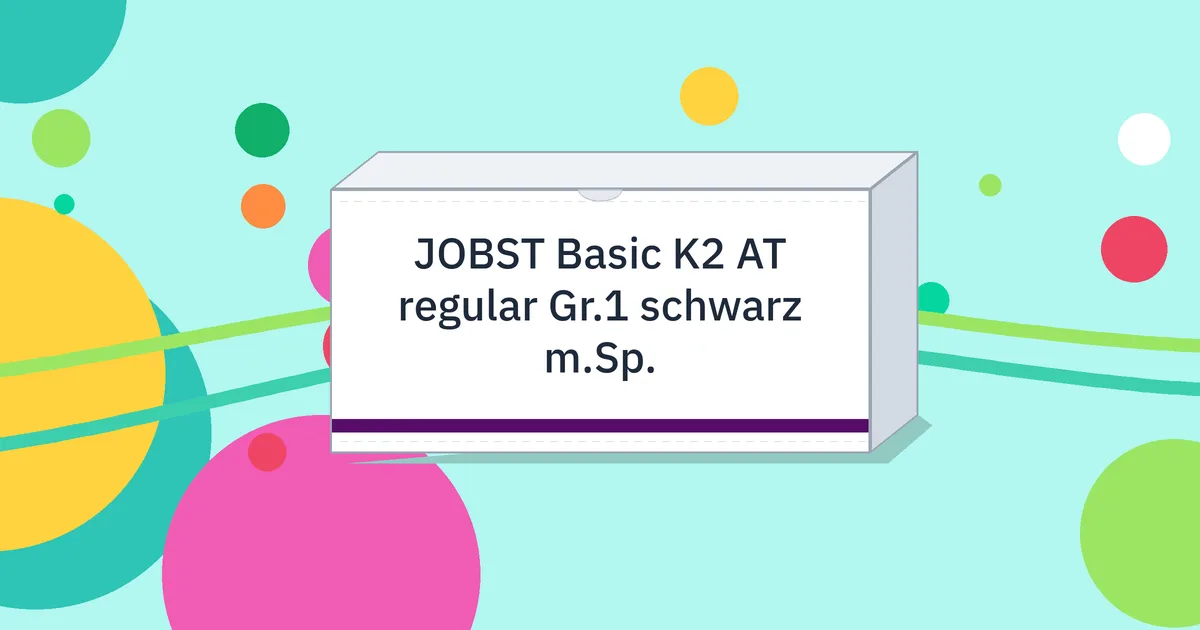 Symbolbild: Packung mit der Aufschrift JOBST Basic K2 AT regular Gr.1 schwarz m.Sp. (PZN 15312219) – Verfügbarkeit und Bezug in Apotheken in Frankfurt am Main