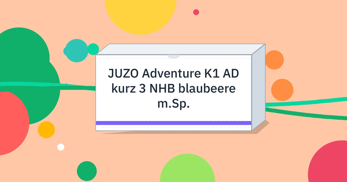 Symbolbild: Packung mit der Aufschrift JUZO Adventure K1 AD kurz 3 NHB blaubeere m.Sp. (PZN 16346568) – Verfügbarkeit und Bezug in Apotheken in Frankfurt am Main
