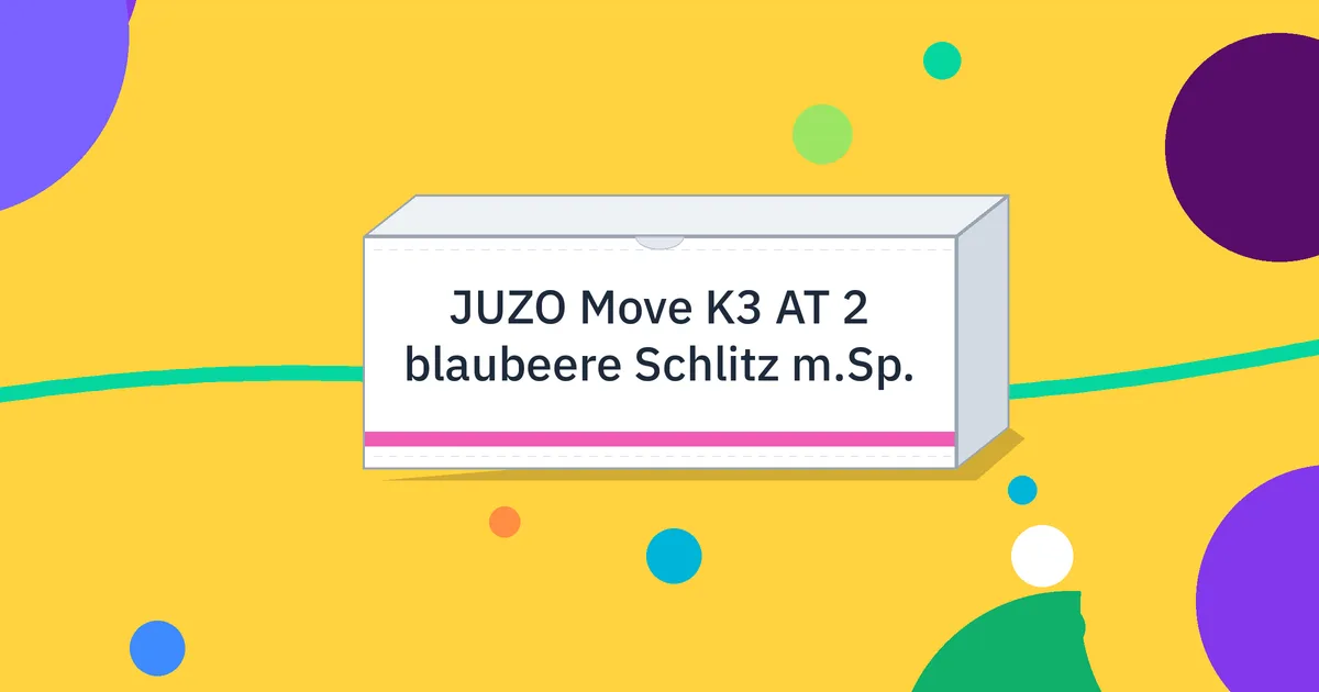 Symbolbild: Packung mit der Aufschrift JUZO Move K3 AT 2 blaubeere Schlitz m.Sp. (PZN 20677986) – Verfügbarkeit und Bezug in Apotheken in Frankfurt am Main