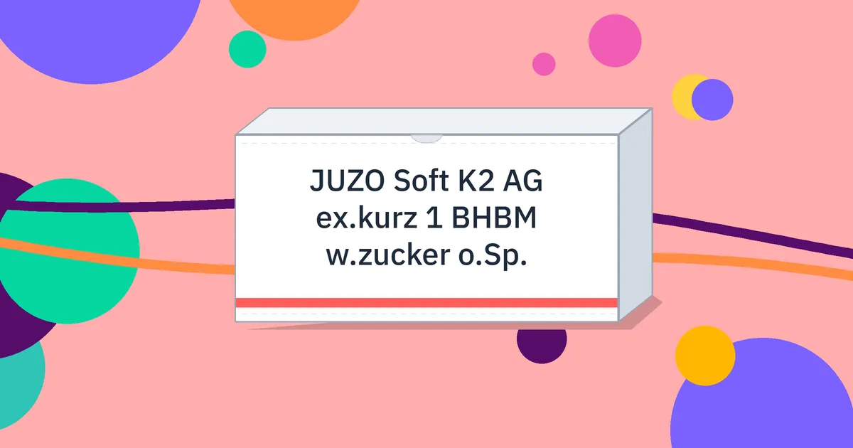 Symbolbild: Packung mit der Aufschrift JUZO Soft K2 AG ex.kurz 1 BHBM w.zucker o.Sp. (PZN 14869859) – Verfügbarkeit und Bezug in Apotheken in Frankfurt am Main