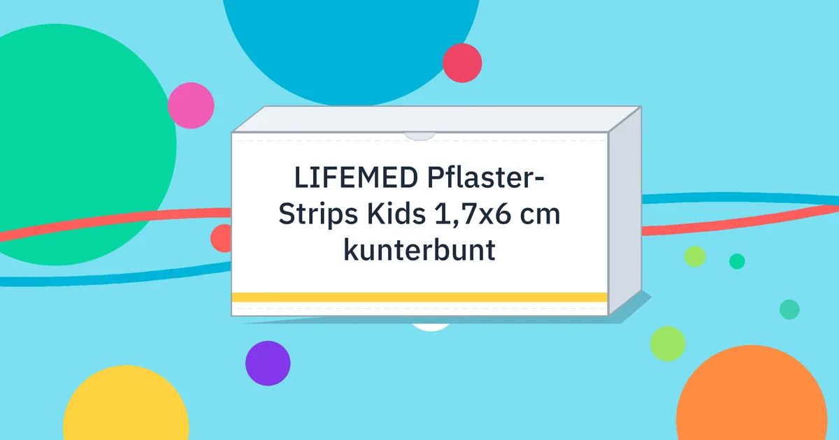 Symbolbild: Packung mit der Aufschrift LIFEMED Pflaster-Strips Kids 1,7x6 cm kunterbunt (PZN 18097968) – Verfügbarkeit und Bezug in Apotheken in Frankfurt am Main