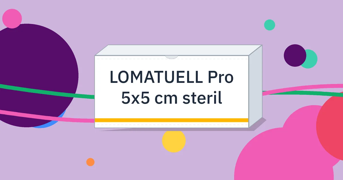 Symbolbild: Packung mit der Aufschrift LOMATUELL Pro 5x5 cm steril (PZN 16736602) – Verfügbarkeit und Bezug in Apotheken in Frankfurt am Main