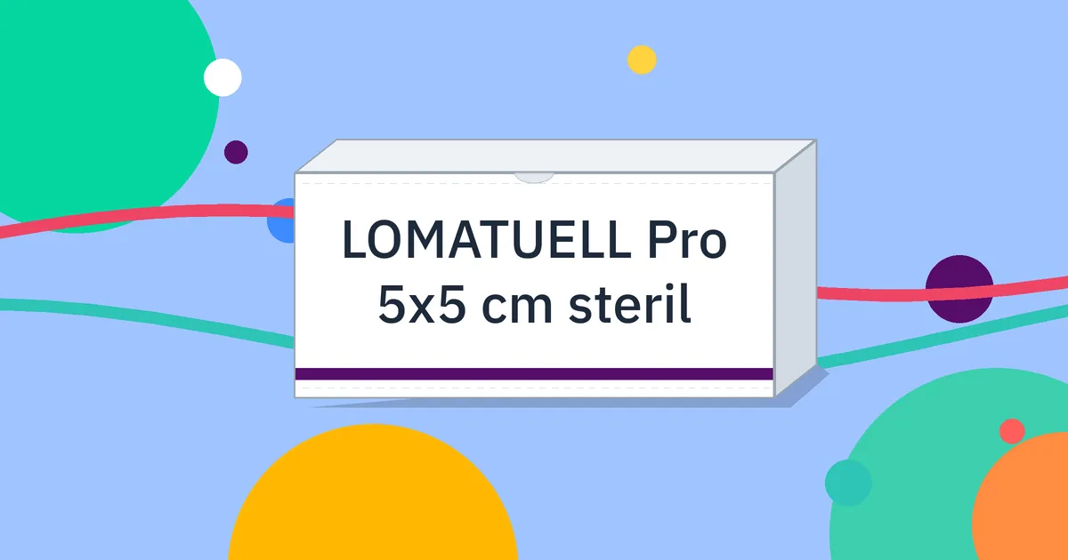 Symbolbild: Packung mit der Aufschrift LOMATUELL Pro 5x5 cm steril (PZN 19763261) – Verfügbarkeit und Bezug in Apotheken in Frankfurt am Main