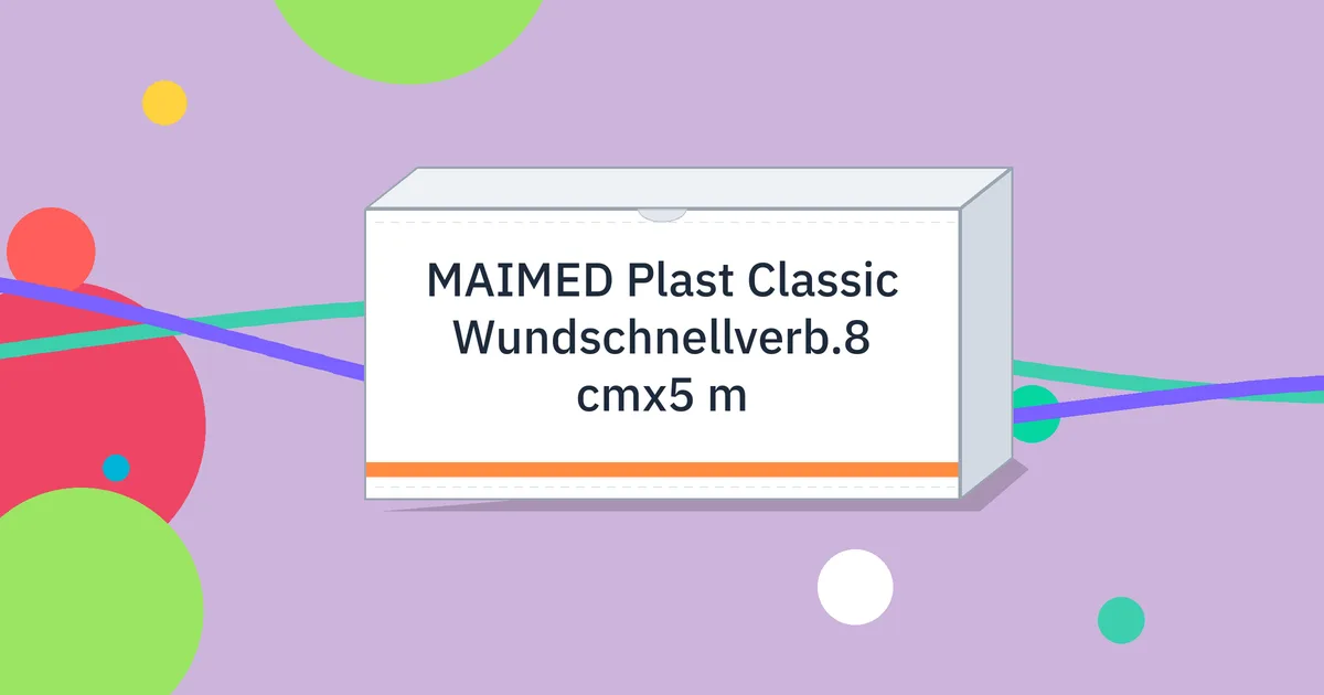 Symbolbild: Packung mit der Aufschrift MAIMED Plast Classic Wundschnellverb.8 cmx5 m (PZN 04002875) – Verfügbarkeit und Bezug in Apotheken in Frankfurt am Main