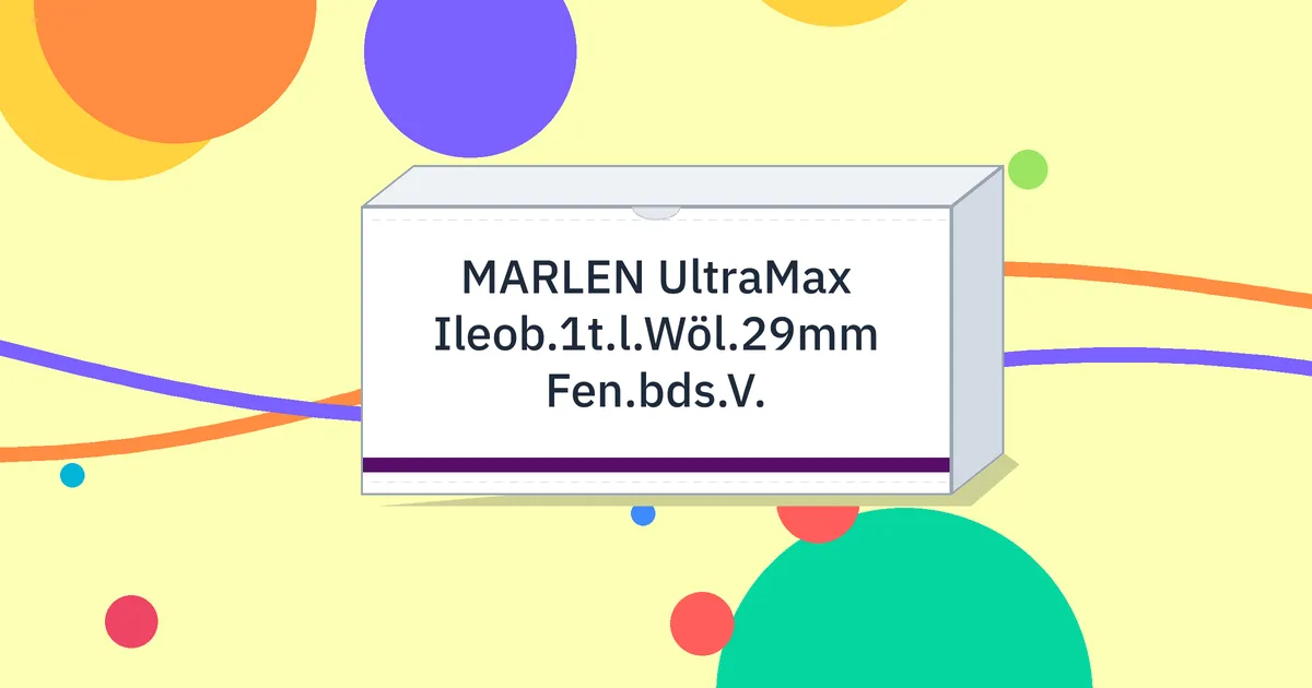 Symbolbild: Packung mit der Aufschrift MARLEN UltraMax Ileob.1t.l.Wöl.29mm Fen.bds.V. (PZN 05354429) – Verfügbarkeit und Bezug in Apotheken in Frankfurt am Main