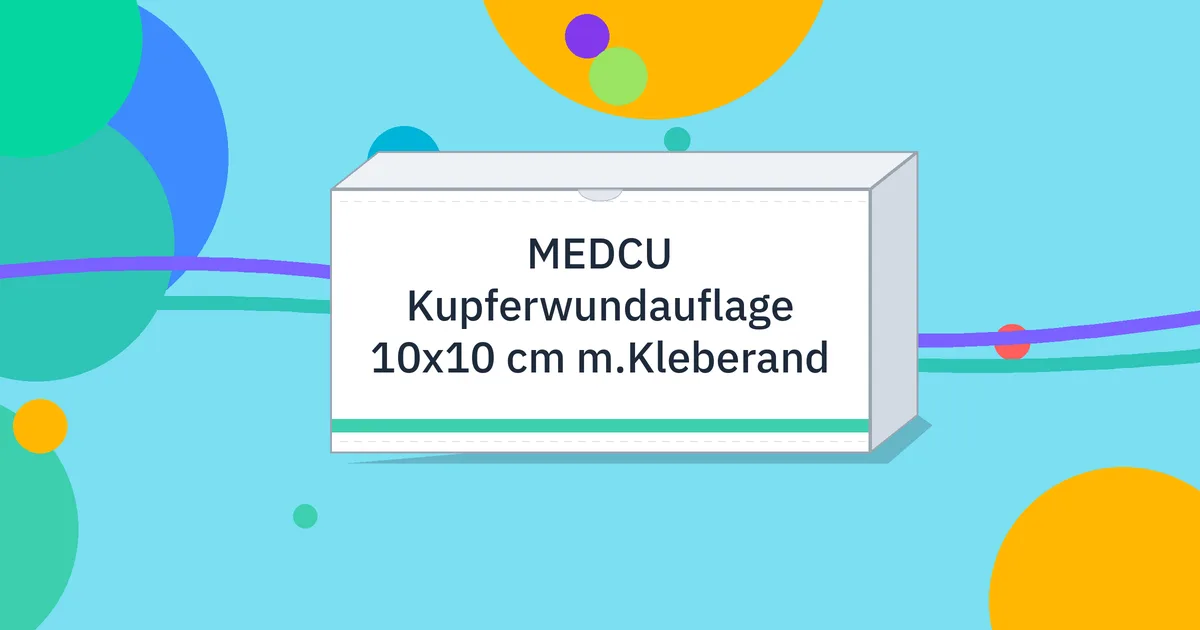 Symbolbild: Packung mit der Aufschrift MEDCU Kupferwundauflage 10x10 cm m.Kleberand (PZN 20893997) – Verfügbarkeit und Bezug in Apotheken in Frankfurt am Main