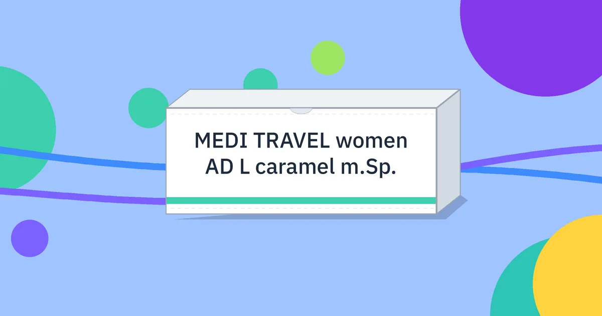 Symbolbild: Packung mit der Aufschrift MEDI TRAVEL women AD L caramel m.Sp. (PZN 15197988) – Verfügbarkeit und Bezug in Apotheken in Frankfurt am Main
