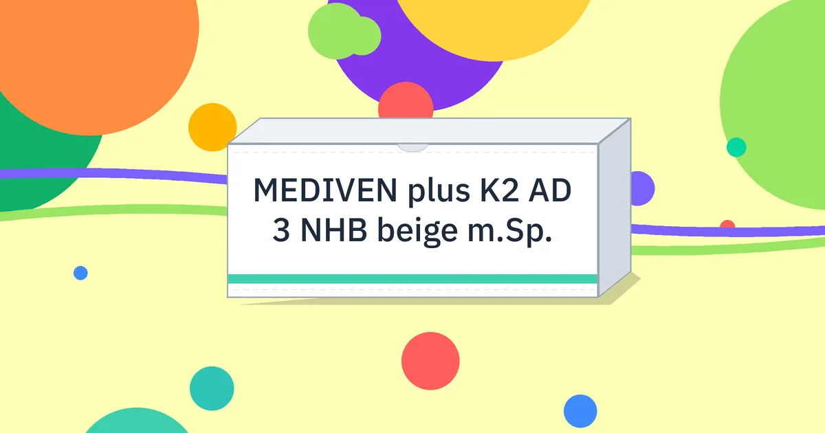 Symbolbild: Packung mit der Aufschrift MEDIVEN plus K2 AD 3 NHB beige m.Sp. (PZN 15937215) – Verfügbarkeit und Bezug in Apotheken in Frankfurt am Main