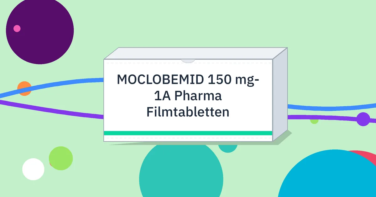 Symbolbild: Packung mit der Aufschrift MOCLOBEMID 150 mg-1A Pharma Filmtabletten (PZN 02181543) – Verfügbarkeit und Bezug in Apotheken in Frankfurt am Main
