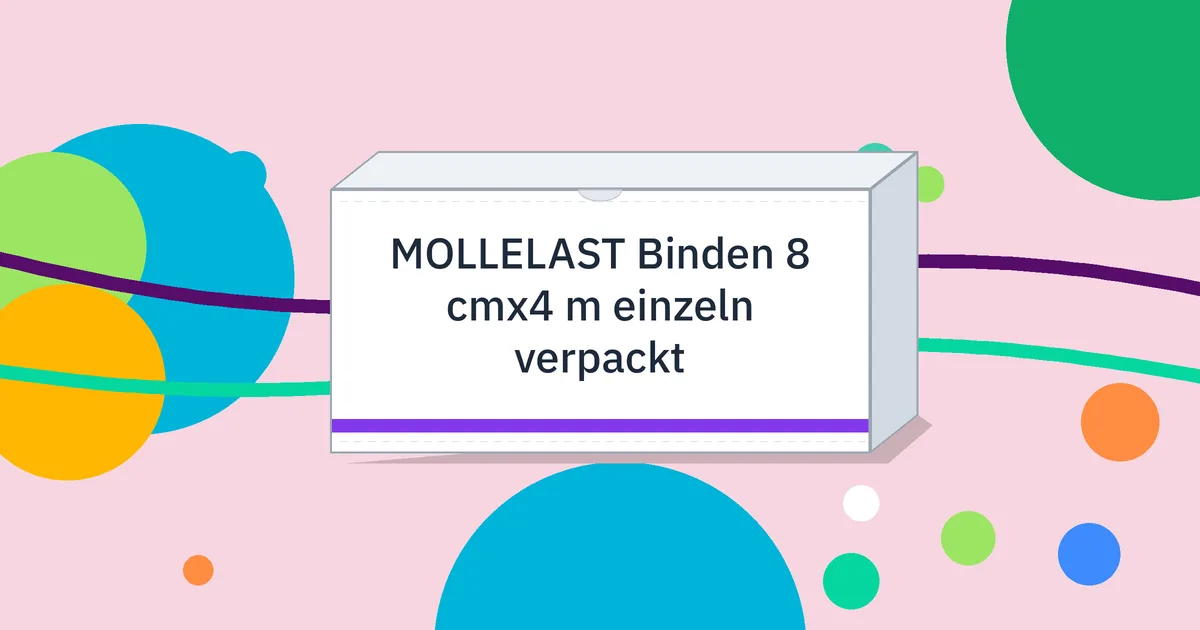 Symbolbild: Packung mit der Aufschrift MOLLELAST Binden 8 cmx4 m einzeln verpackt (PZN 15430396) – Verfügbarkeit und Bezug in Apotheken in Frankfurt am Main