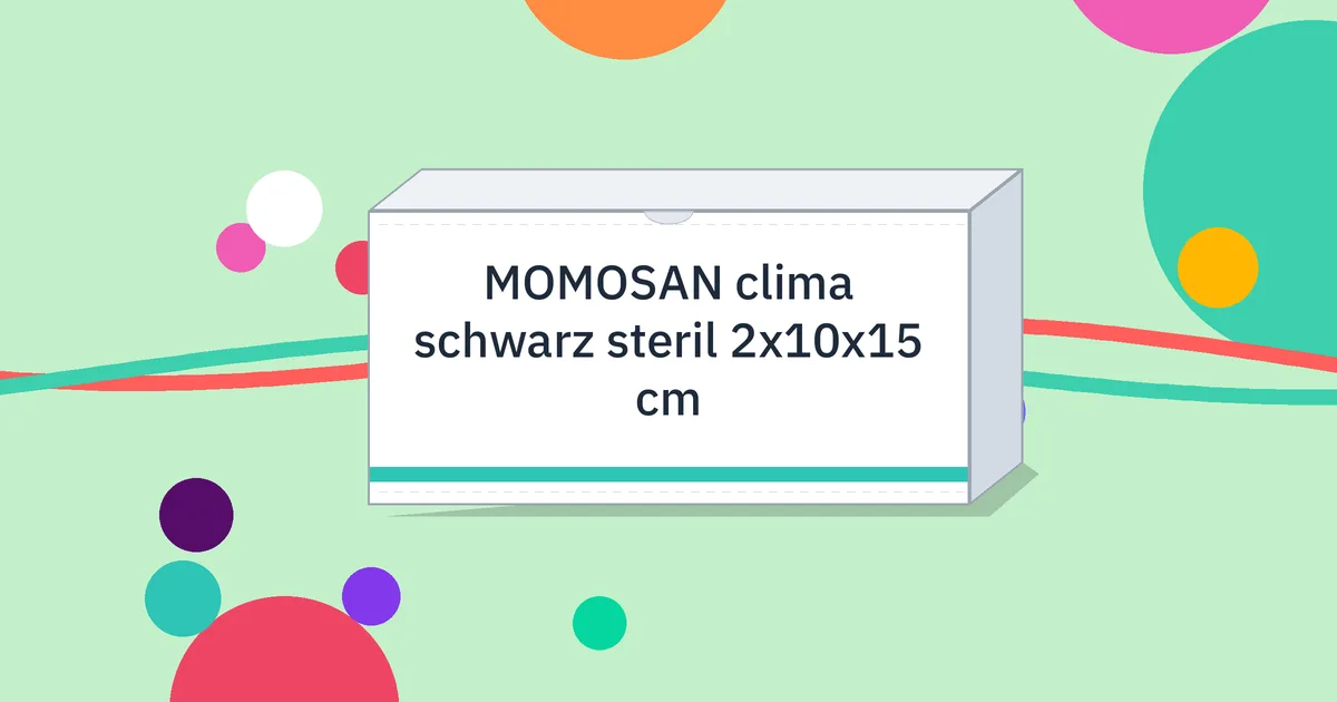 Symbolbild: Packung mit der Aufschrift MOMOSAN clima schwarz steril 2x10x15 cm (PZN 06136367) – Verfügbarkeit und Bezug in Apotheken in Frankfurt am Main