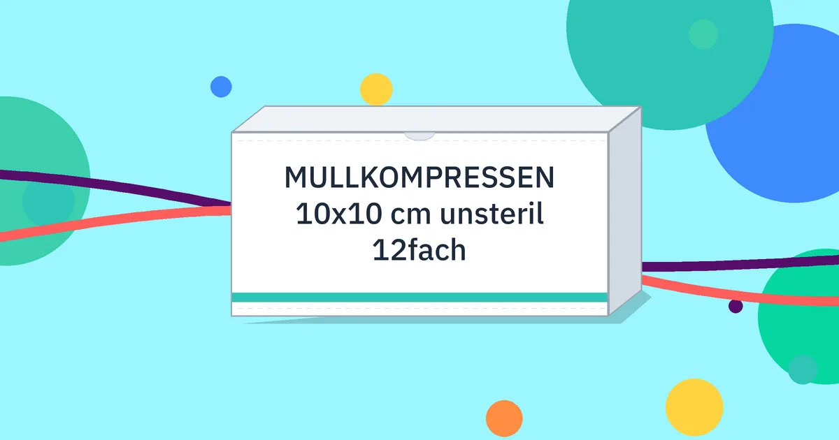Symbolbild: Packung mit der Aufschrift MULLKOMPRESSEN 10x10 cm unsteril 12fach (PZN 08888769) – Verfügbarkeit und Bezug in Apotheken in Frankfurt am Main