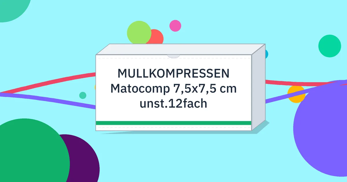 Symbolbild: Packung mit der Aufschrift MULLKOMPRESSEN Matocomp 7,5x7,5 cm unst.12fach (PZN 03377745) – Verfügbarkeit und Bezug in Apotheken in Frankfurt am Main