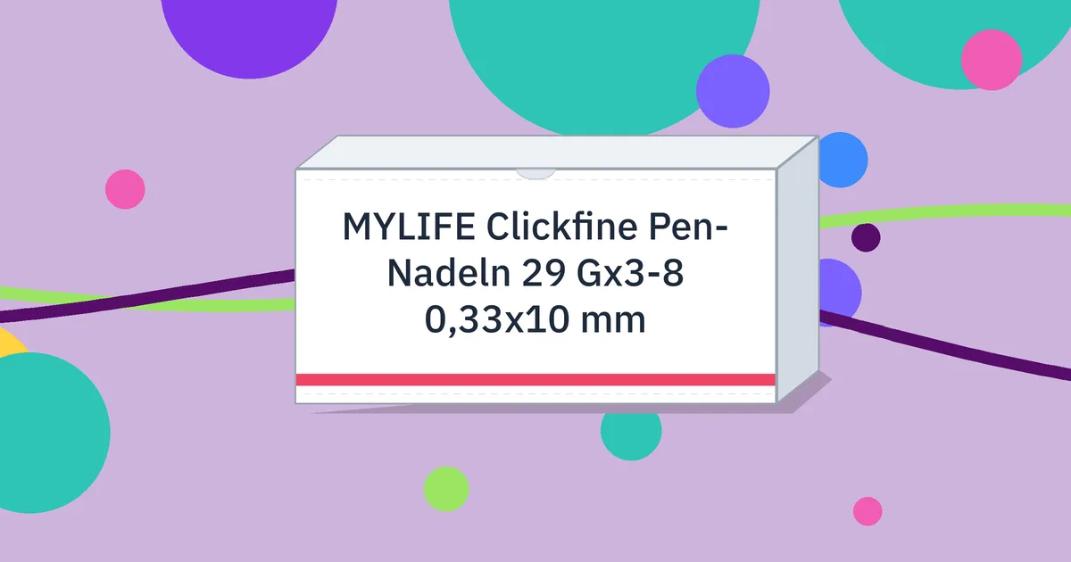 Symbolbild: Packung mit der Aufschrift MYLIFE Clickfine Pen-Nadeln 29 Gx3-8 0,33x10 mm (PZN 10410940) – Verfügbarkeit und Bezug in Apotheken in Frankfurt am Main
