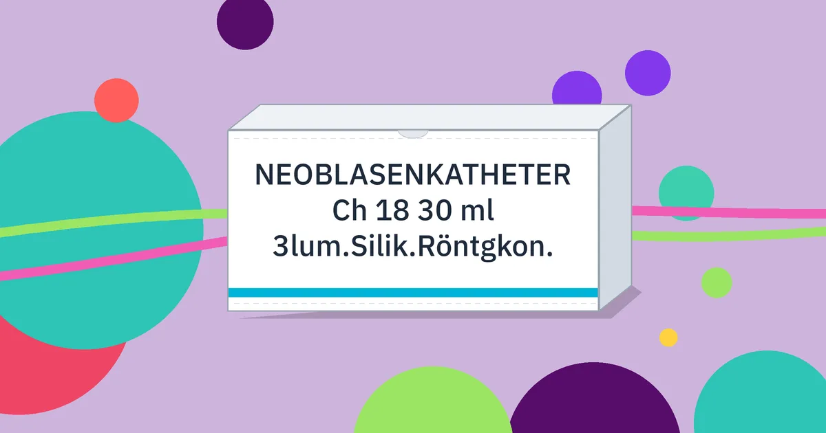 Symbolbild: Packung mit der Aufschrift NEOBLASENKATHETER Ch 18 30 ml 3lum.Silik.Röntgkon. (PZN 17508174) – Verfügbarkeit und Bezug in Apotheken in Frankfurt am Main
