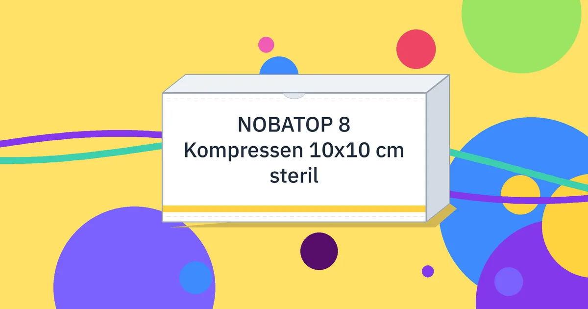 Symbolbild: Packung mit der Aufschrift NOBATOP 8 Kompressen 10x10 cm steril (PZN 15205914) – Verfügbarkeit und Bezug in Apotheken in Frankfurt am Main