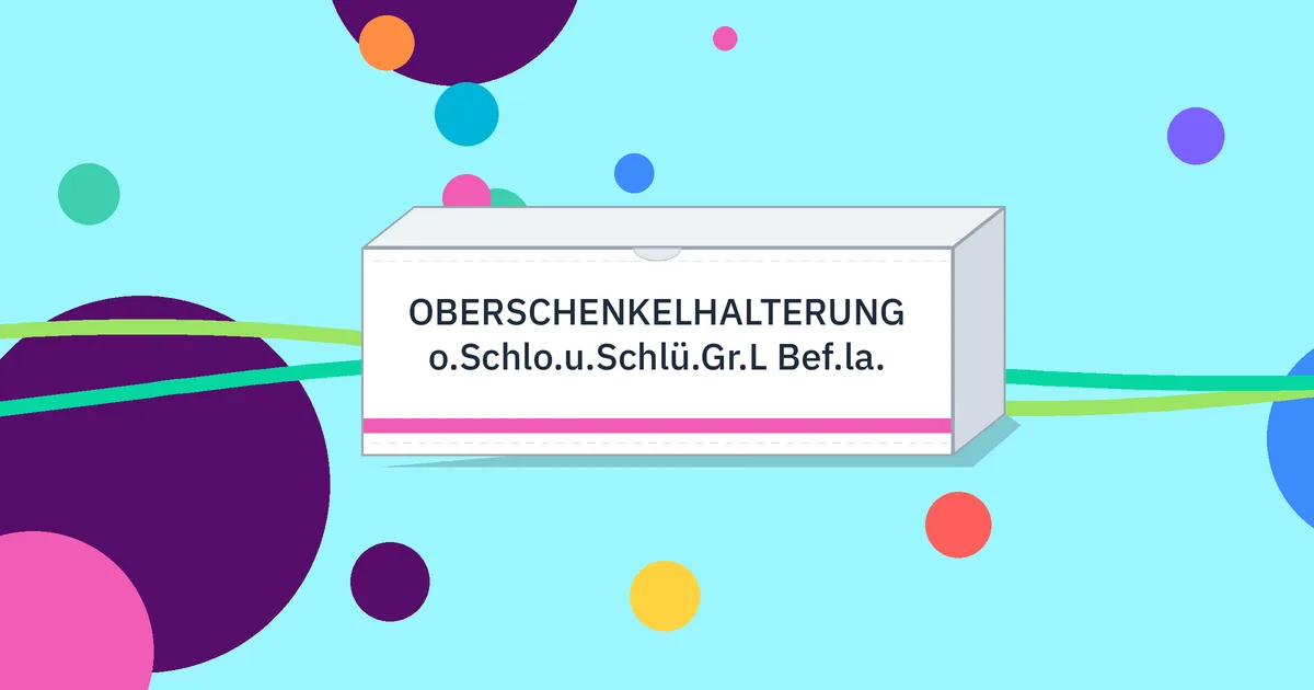 Symbolbild: Packung mit der Aufschrift OBERSCHENKELHALTERUNG o.Schlo.u.Schlü.Gr.L Bef.la. (PZN 14298351) – Verfügbarkeit und Bezug in Apotheken in Frankfurt am Main