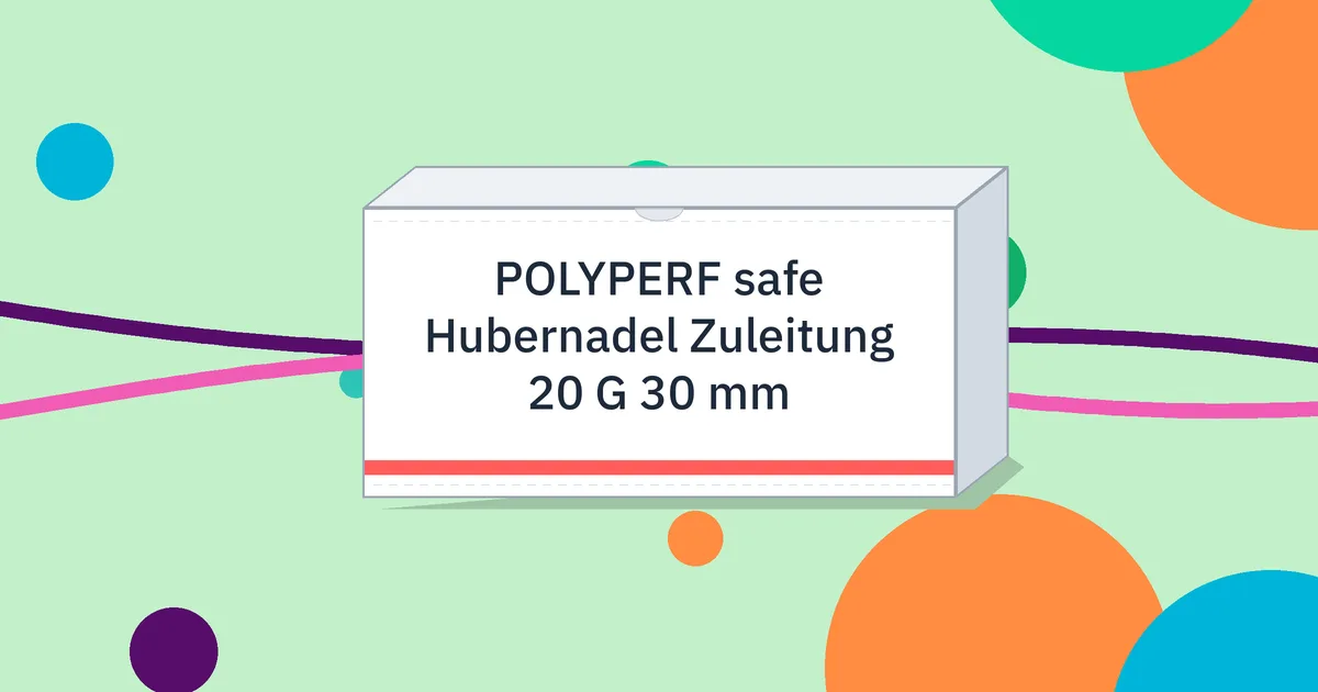 Symbolbild: Packung mit der Aufschrift POLYPERF safe Hubernadel Zuleitung 20 G 30 mm (PZN 13866379) – Verfügbarkeit und Bezug in Apotheken in Frankfurt am Main
