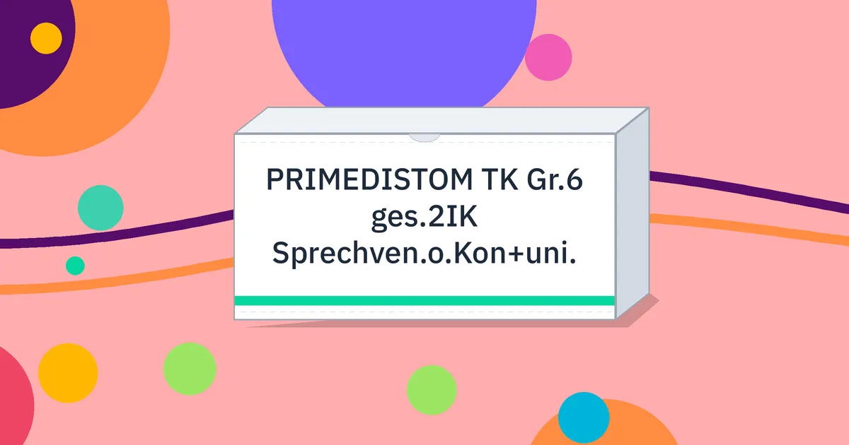 Symbolbild: Packung mit der Aufschrift PRIMEDISTOM TK Gr.6 ges.2IK Sprechven.o.Kon+uni. (PZN 10209178) – Verfügbarkeit und Bezug in Apotheken in Frankfurt am Main