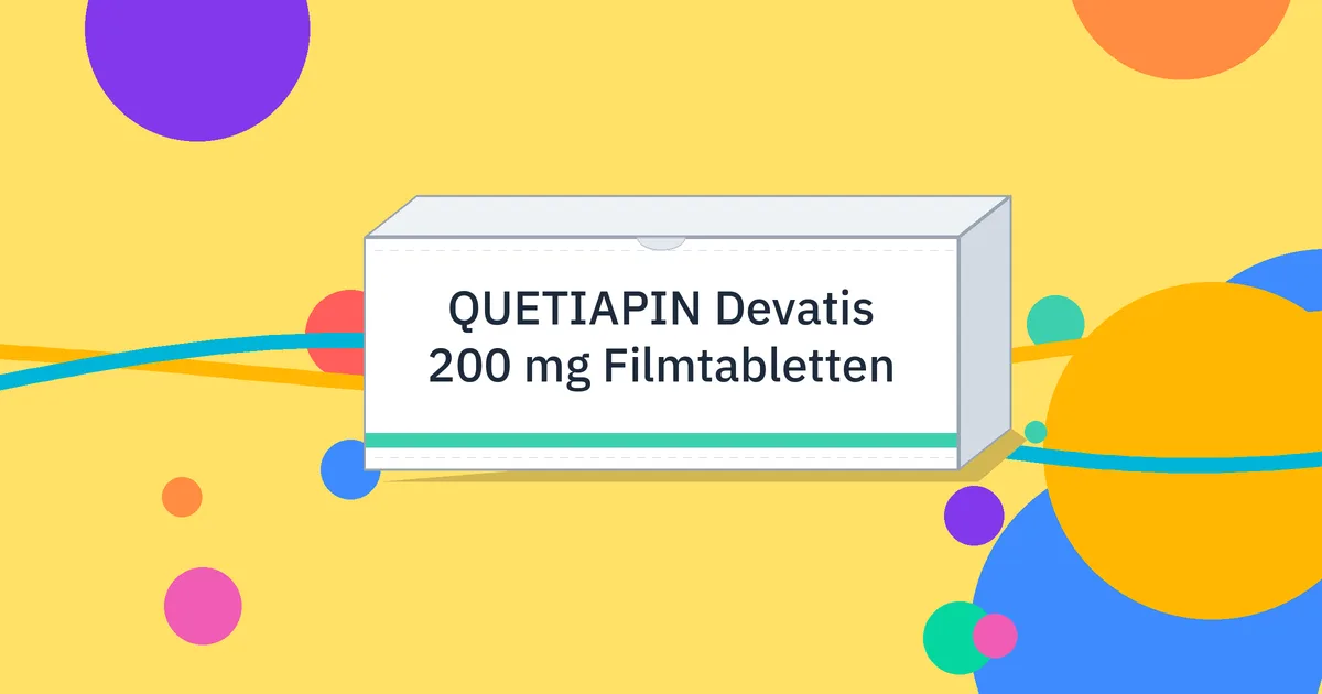 Symbolbild: Packung mit der Aufschrift QUETIAPIN Devatis 200 mg Filmtabletten (PZN 11484053) – Verfügbarkeit und Bezug in Apotheken in Frankfurt am Main