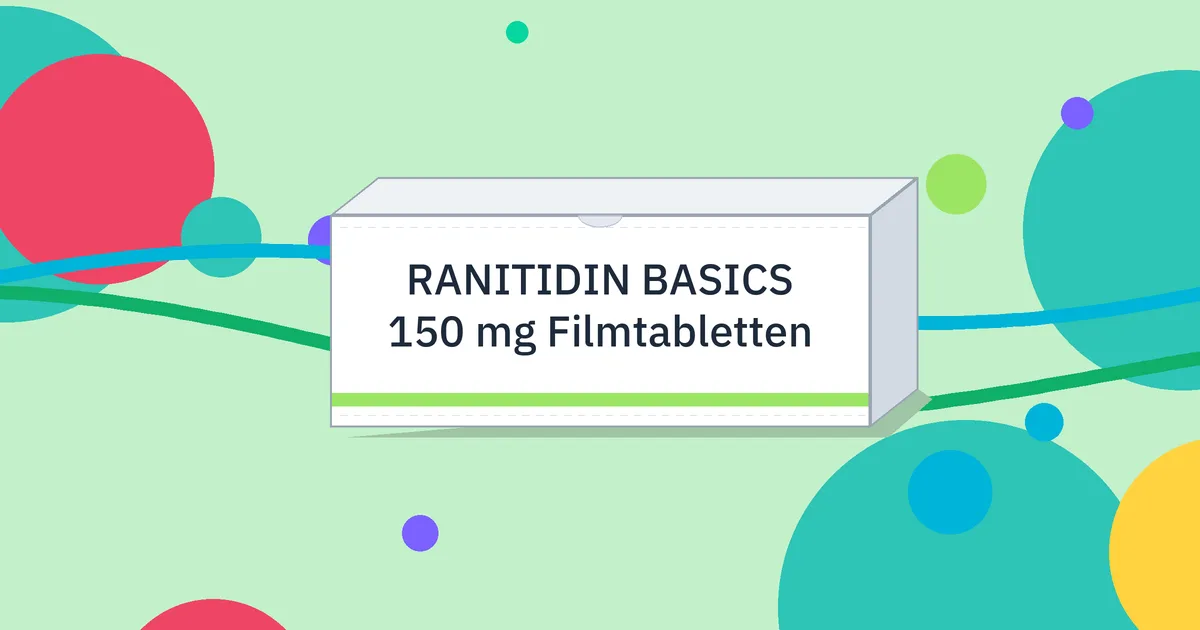 Symbolbild: Packung mit der Aufschrift RANITIDIN BASICS 150 mg Filmtabletten (PZN 07567980) – Verfügbarkeit und Bezug in Apotheken in Frankfurt am Main